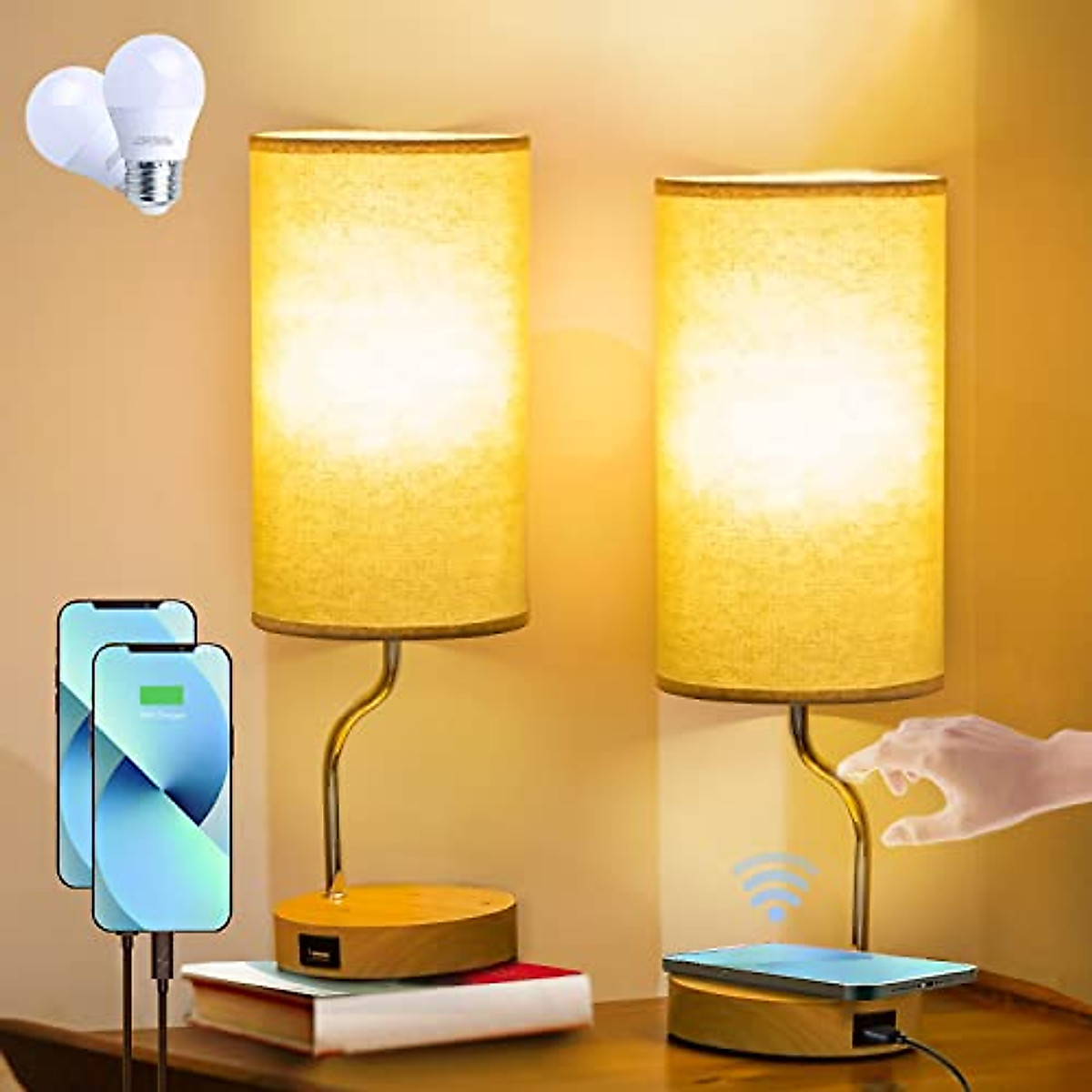 Unfusne Lamps for bedrooms Set of 4, Touch Control Table Lamp 3 Way Dimmable Nightstand Lamp with Fabric Shade, Small Lamp Set of 2 for Living Room, Dorm, Home,Office