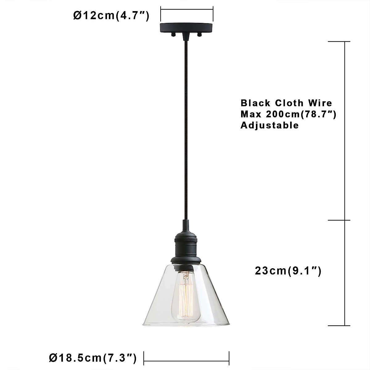 Yosoan 1-Light Vintage Edison Hanging Pendant Light, Mini Semi Flush Mount Light Fixture Funnel Flared Clear Glass Shade for Kitchen Bathroom Porch Living Room Dinning Room Hotels Bar Island (Black)