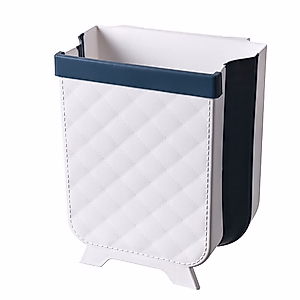 Hanging Folding Garbage Bin 2.4 Gallon Waste Bin, Plastic Waterproof Small Trash Can for Kitchen Bedroom Bathroom White and Blue