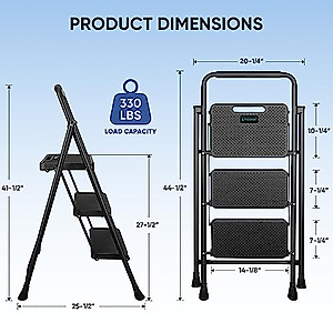 TICONN 3 Step Ladder, Heavy Duty Foldable Step Stool, 330lbs Rated Portable Steel Folding Stool with Wide Anti-Slip Steps and Handgrip for Household Garage Storage (Black)