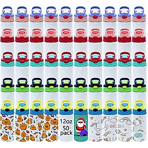 Icesip 50 PACK 12oz Kids Sublimation Tumbler Bulk,Sublimation Kids Water Bottle with One-click Pop-up Straw Lid and Handle, Spill Proof lid,for Water,Drinks