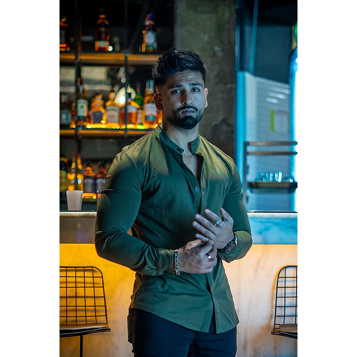 COOFANDY Mens Collarless Dress Shirts Muscle Fit Wrinkle Free Button Down Shirts Army Green