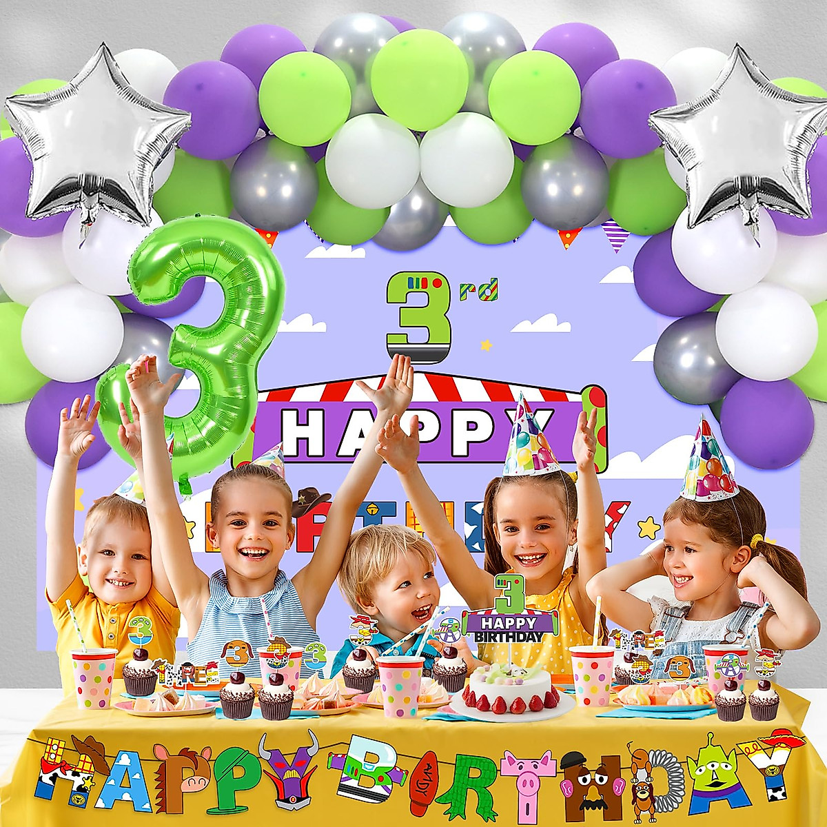 Crenics 3rd Birthday Decorations for Girls or Boys - 3rd Birthday Backdrop, Banner, Balloon Arch Kit, Number 3 Balloon with Cake Toppers for Toy Inspired Story Theme 3 Birthday Party Supplies