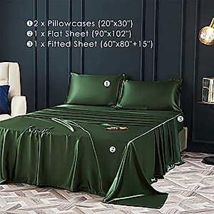 Koreyoshi 4 Pcs Satin Sheets Queen - Silk Silky Super Soft Extra Deep Pocket Queen Sheet Sets - Wrinkle & Fade Free - Deep Pocket Fitted Sheet, Flat Sheet, Pillow Cases (Queen, Olive Green)