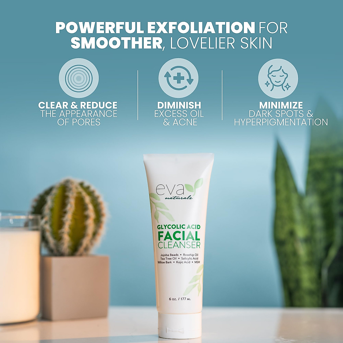 Eva Naturals Glycolic Acid Face Wash - Glycolic Acid Cleanser for Face - Glycolic Acid Wash - Glycolic Face Wash - Glycolic Cleanser for Face for Wrinkles & Fine Lines, Blackheads & Acne (6 Fl Oz)