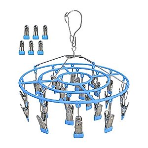 Funamily Clothes Drying Rack,Stainless Steel Laundry Drip Hanger with 24 Clips, Heavy Duty Round Swivel Windproof Hook Underwear Hanger for Drying Towel, Bras, Sock,Lingerie, Baby Clothes (Blue)