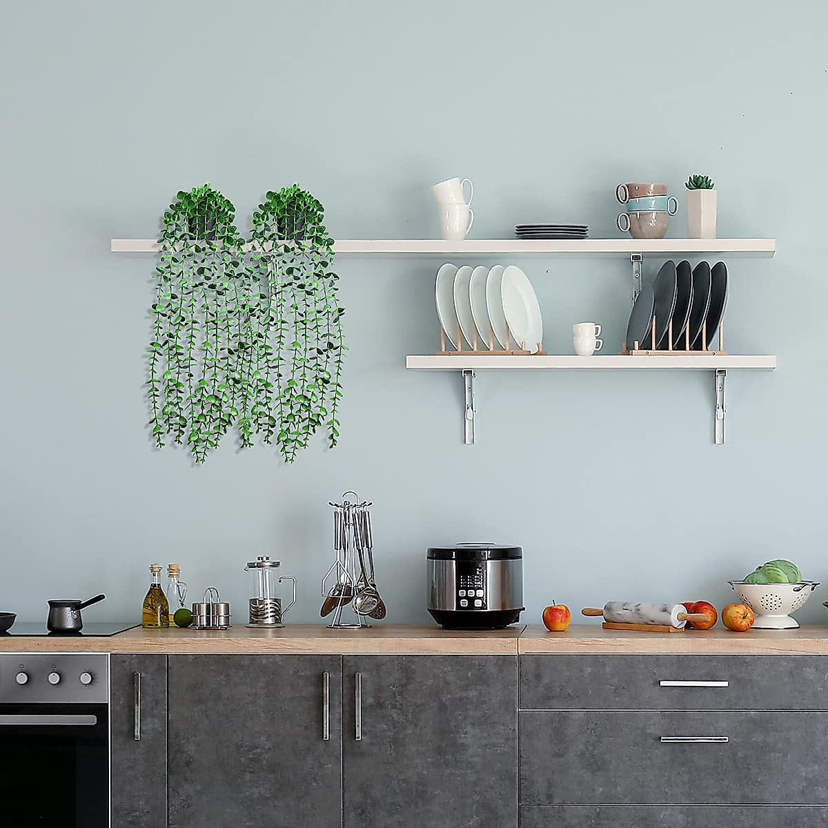 RECUTMS 2 Potted Fake Hanging Plants, Artificial Plants Hanging Tasteless Eucalyptus Leaf Shaped Natural Drooping Hanging Plants Artificial Decor Wall Home Garden (Green)