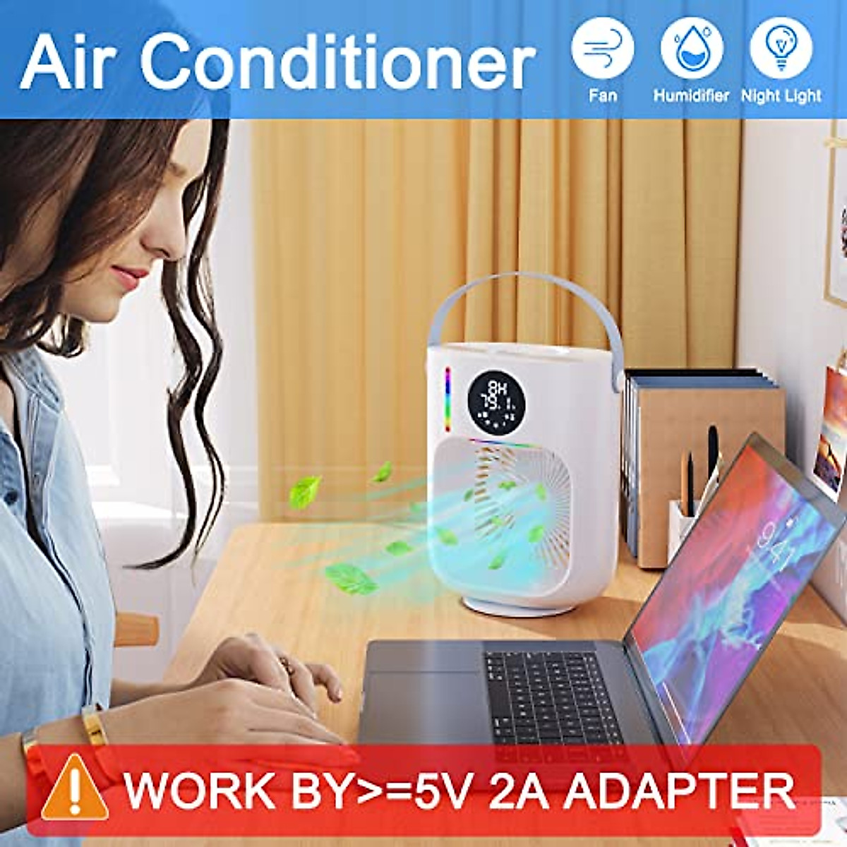 Abandship Air Cooler - Portable Conditioner Fan, Desktop with LED Display, 1000ml Capacity,Small Personal Cooling Fan 7 Colors Light,3 Speeds for Office Home Room