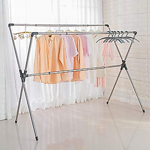 BAOYOUNI Double Poles Folding Clothes Drying Rack Stainless Steel Expandable Rods Space Saving Retractable Heavy Duty Garment Hanger Rail 37'' to 66'', Grey