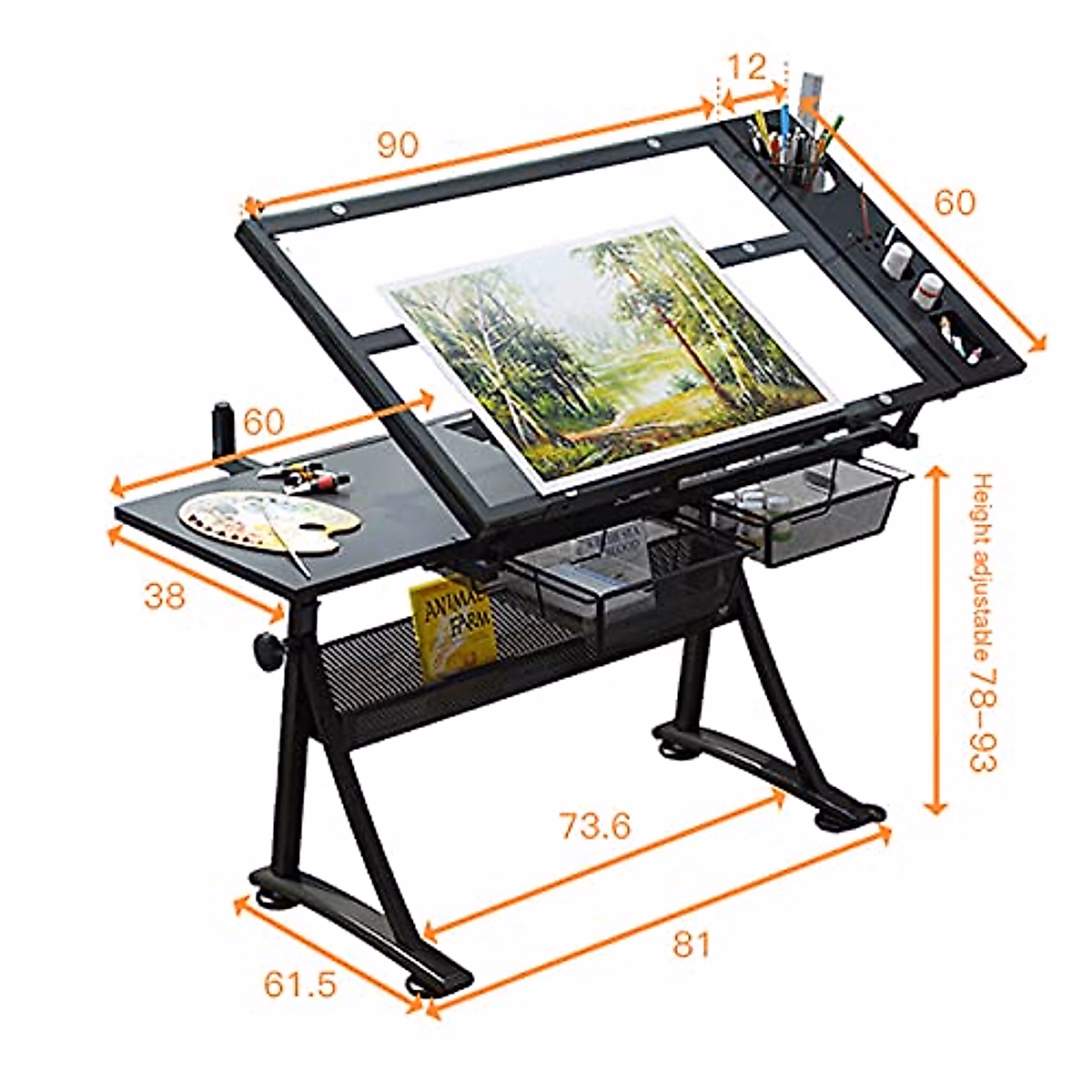 EESHHA Drawing Table Adjustable Glass Drafting Table,Versatile Art Study Table,with Storage Drawers,Art Studio Design Sketching Painting Work Station (Color : Glass) (Glass) (Glass)