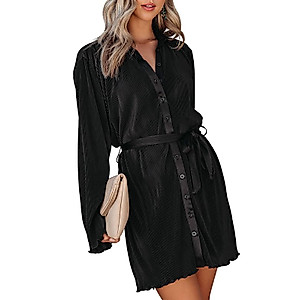 Dokotoo Casual Spring Dresses for Women 2024 Fashion Vintage V Neck Button Down Front Teacher Pleated Swing Long Sleeve A Line Graduation Satin Mini Birthday Sweater Shirt Dress with Belt Black Small