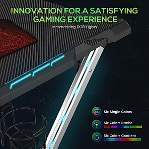 EUREKA ERGONOMIC Z1S PRO Gaming Computer Desk RGB LED Lights 44.5 inch Z Shaped Home Office PC Gaming Desks Table with Cup Holder Headset Hook & Mouse Pad, Sliver