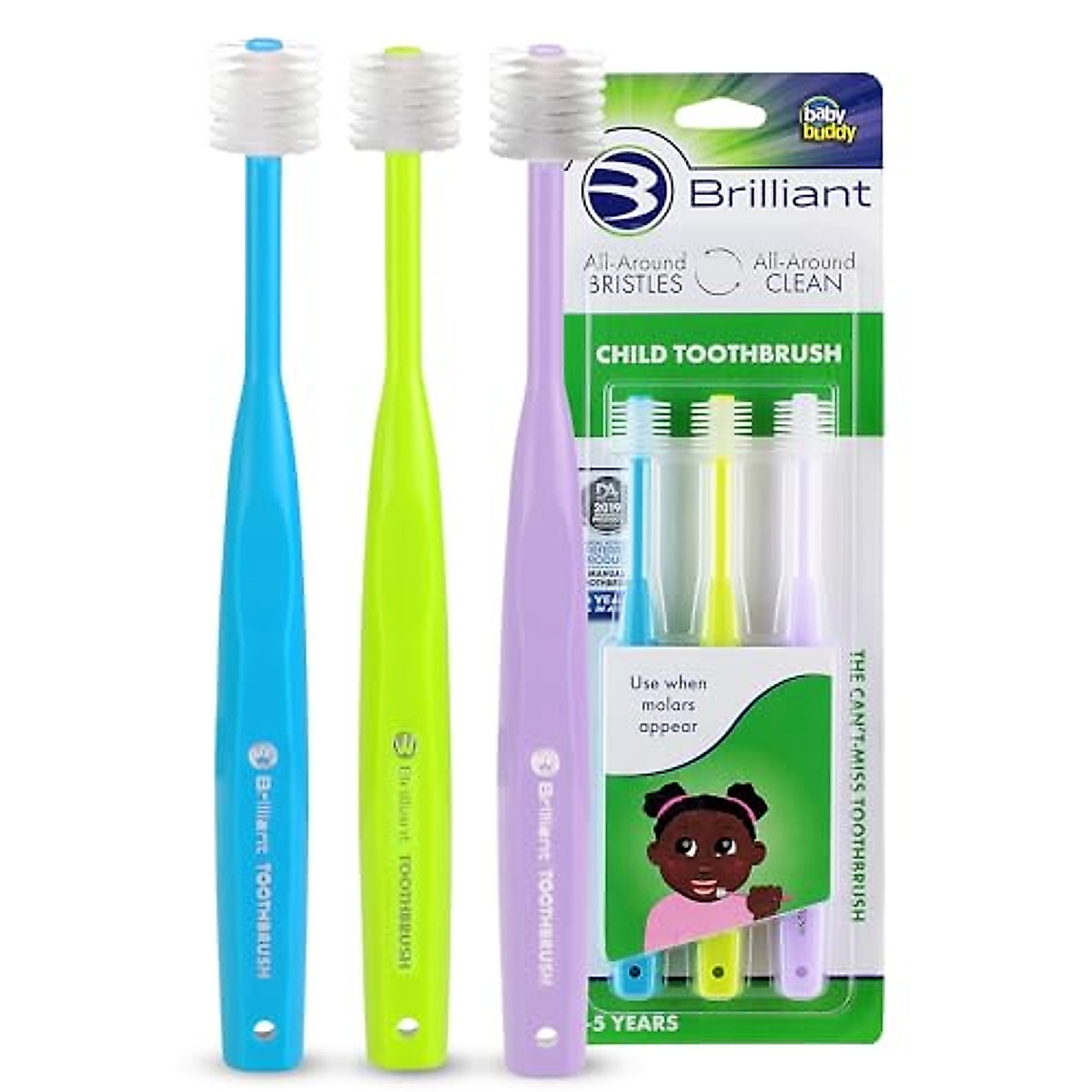 Brilliant Oral Care Child Toothbrush with Soft Bristles and Round Head, for a Kid Approved, Easy to Use All-Around Clean Mouth, Ages 2-5 Years, Sky Blue Lime Lilac, 3 Pack