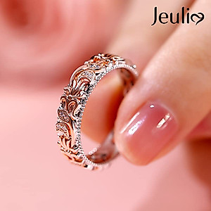 Jeulia Floral Ring Band Sterling Silver Two Tone Leaf Carved Vintage Unique Hollow Flower Rose Gold Jewelry Engagement Wedding Bridal Sets Stackable Anniversary Promise with Gift Box (Floral, 7)