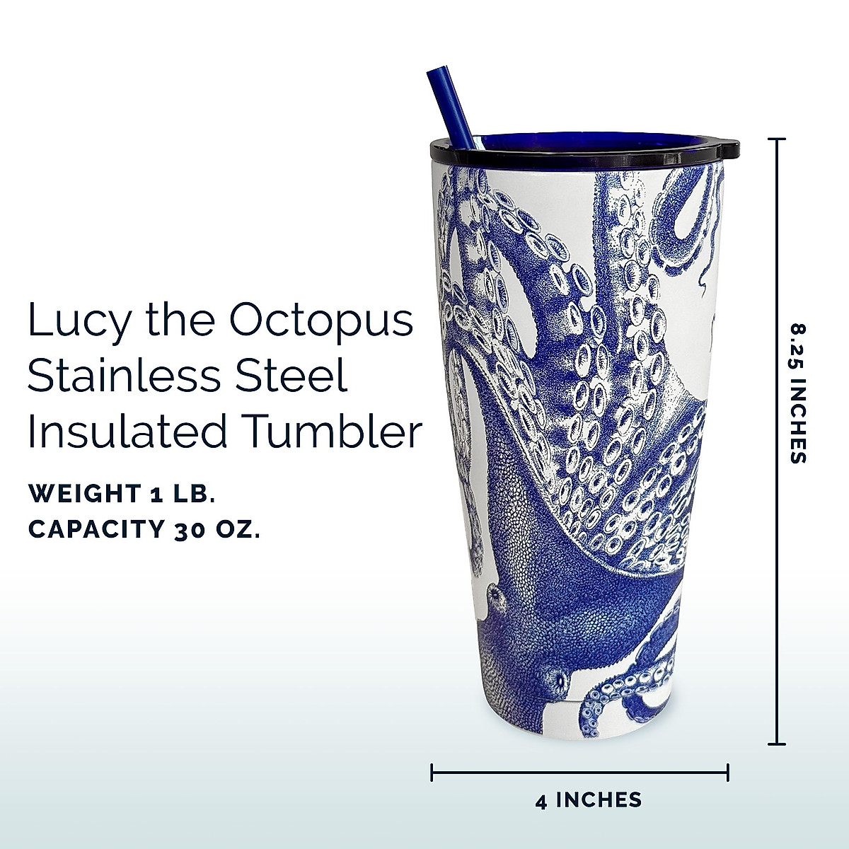 Caskata Lucy the Octopus Stainless Steel Insulated Tumbler | Cup, Lid & Straw Set for Travel, Commuting, & School | Perfect for Birthday, Christmas & Holiday Gifts | Blue on White Color | 30 oz