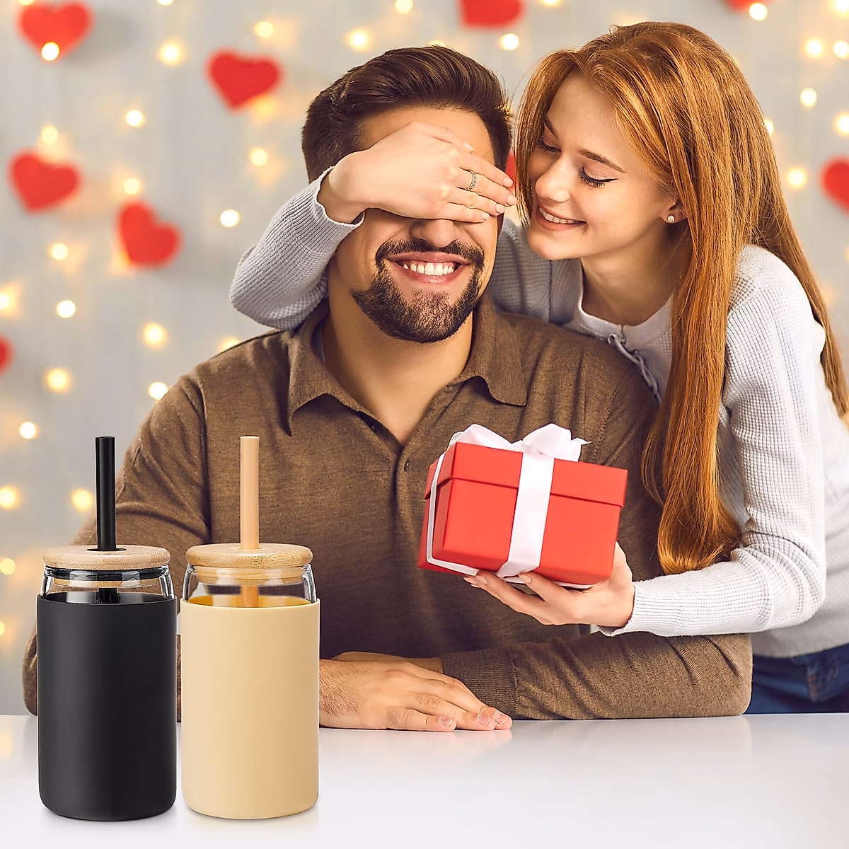 Glass Cups with Lids and Straws 2 pcs, Glass Cups with Silicone Protective Sleeve-16 oz Iced Coffee Cups with Lids，Glass Coffee Cups for Beer, Tea, Gift Giving