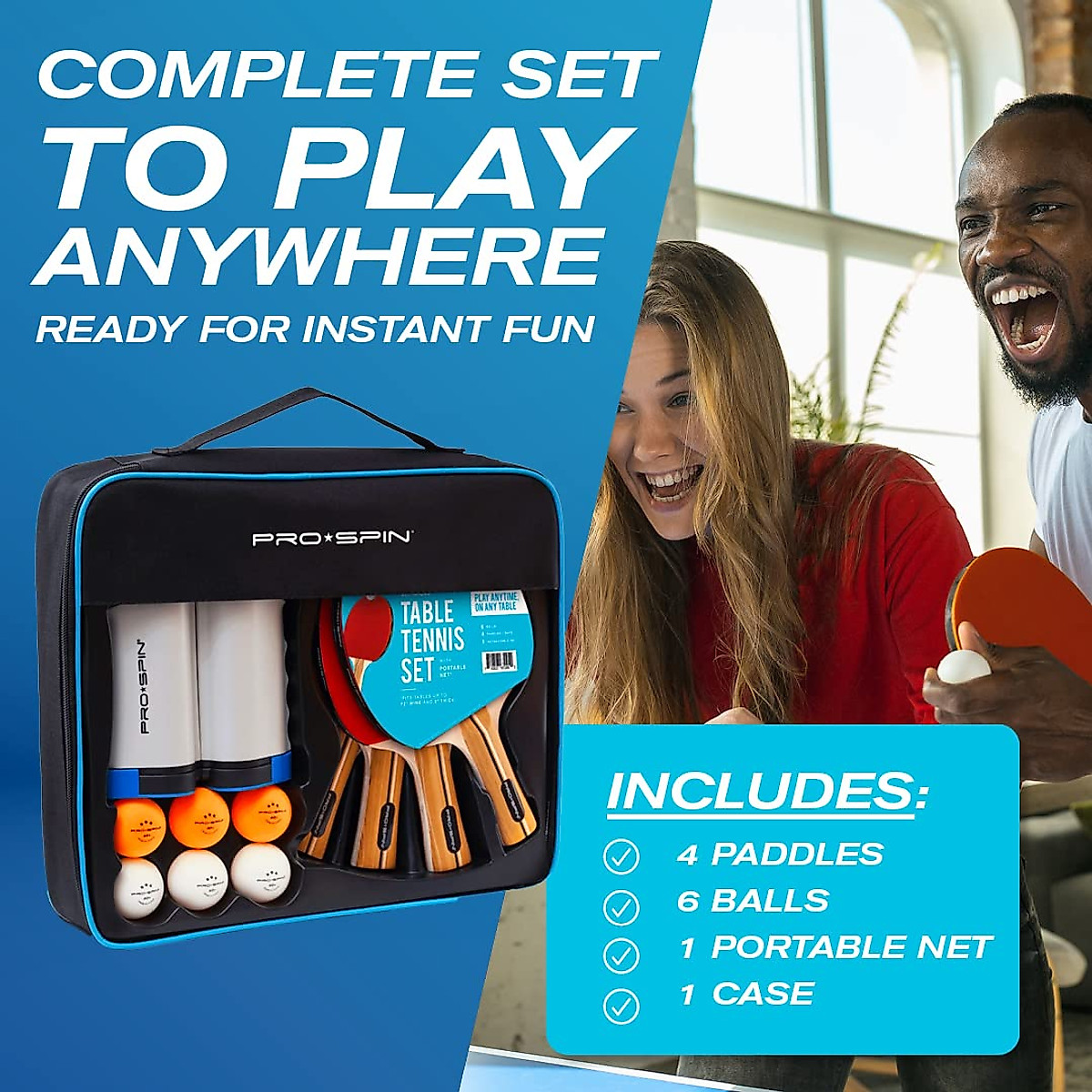 PRO-SPIN All-in-One Portable Ping Pong Paddle Set (4-Player) | Table Tennis Set | Retractable Ping Pong Net (Up to 72" Wide) | Premium Paddles | 3-Star Balls | Storage Case | Game Table | Gift
