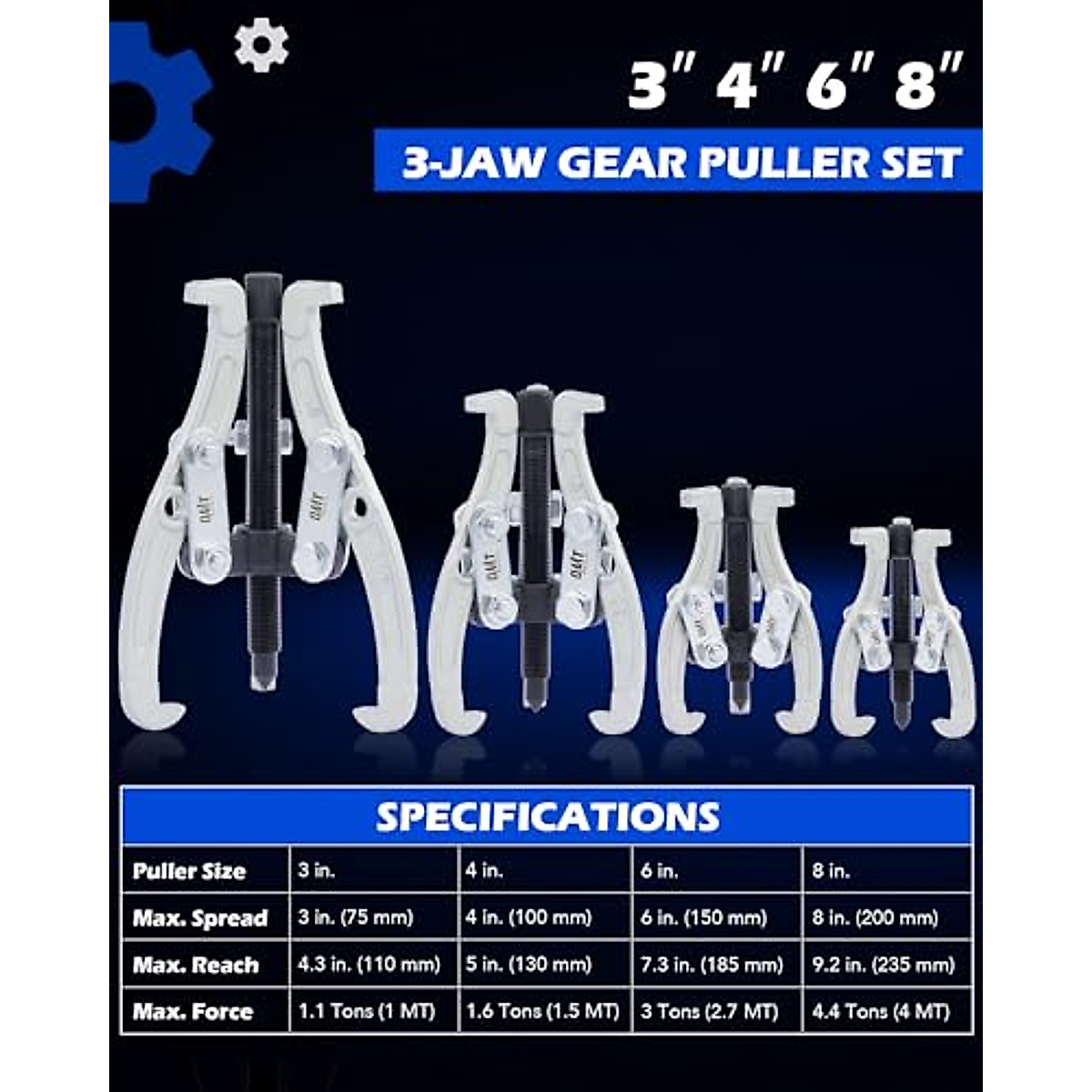 Orion Motor Tech Gear Puller Set, 3" 4" 6" 8" 3 Jaw Puller Kit for Pulley Gear Bearing Flywheel Removal, Heavy Duty Pulley Puller with Reversible Jaws 4 pcs Bearing Puller Tool Kit