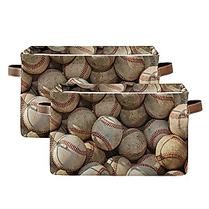 TropicalLife Rectangular Storage Bin Cube Baseball Sport Foldable Organizer Basket with Handles, Softball Vintage Collapsible Storage Box for Kids Toy Shelf Closet Nursery