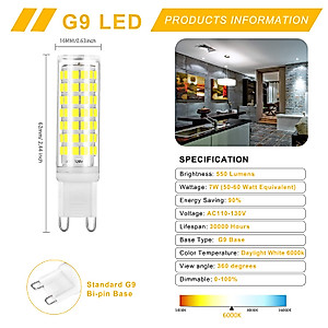 YUIIP G9 LED Light Bulb 7W Dimmable 50W 60W Halogen Bulbs Equivalent Daylight White 6000k AC120V Lamp G9 Bi Pin Base, Non-Flicker, 360°Beam Angle, Pack of 6