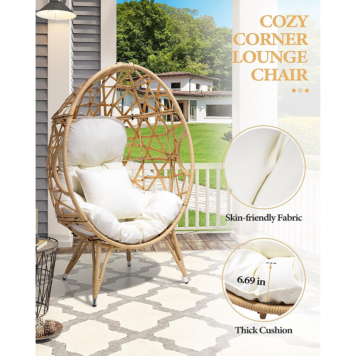 Crestlive Products Patio Wicker Egg Chair with Cushion and Pillow, Oversized Rattan Hanging Basket Lounge Chair with Legs, Teardrop Cuddle for Indoor Outdoor Bedroom Garden Deck Balcony (Beige)