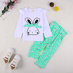 CM C&M WODRO Toddler Kids Baby Girls Easter Outfits Long Sleeve T-Shirt Tops Pants Bunny Clothing Sets (Green, 18-24 Months)