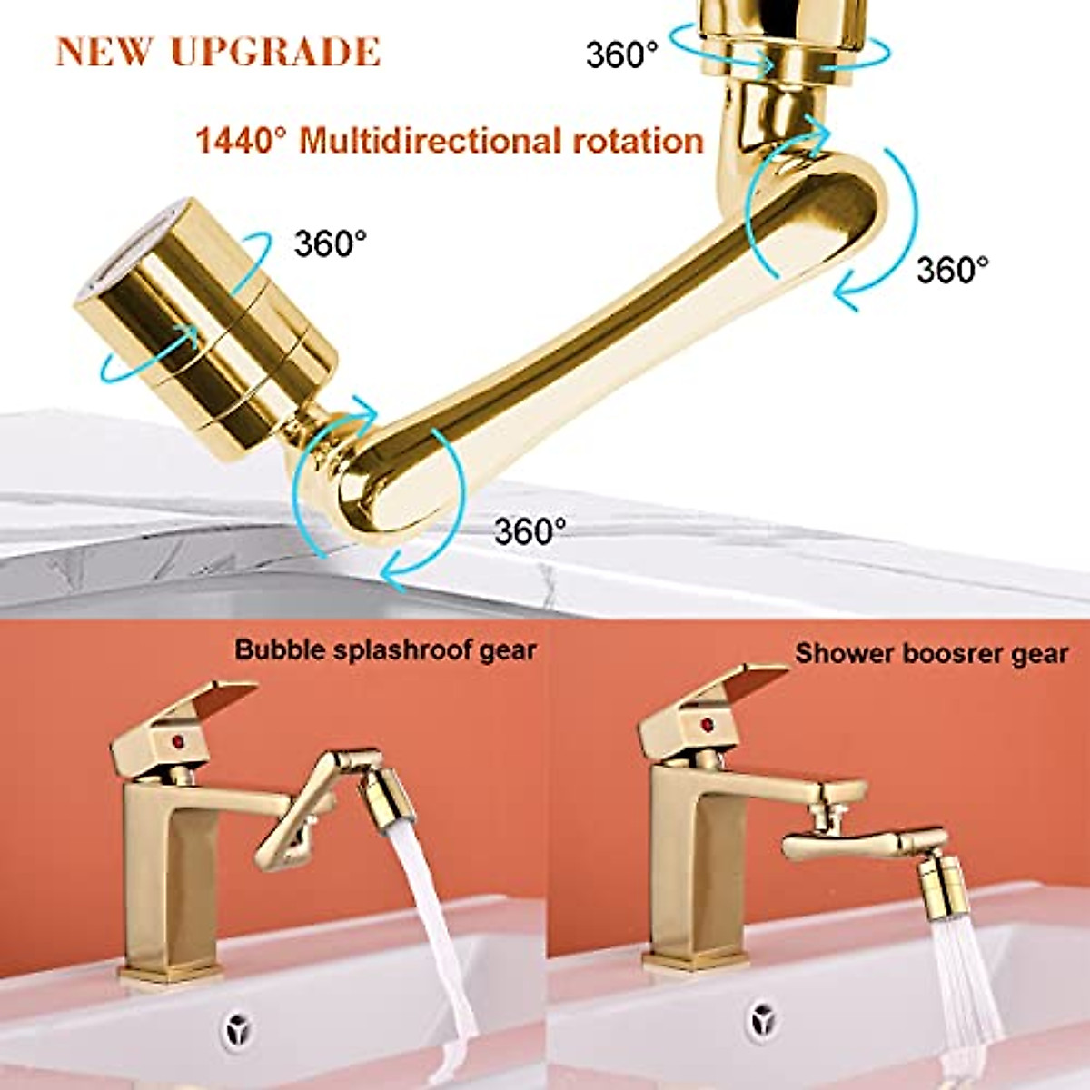1440° Rotating Faucet Extender, 1080°+360° Large-Angle Splash Filter Faucet Aerator, with 2 Water Outlet Modes, Universal Brass Splash Filter Faucet Extension for Kitchen and Bathroom Sink, Golden