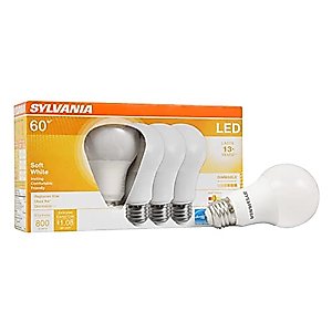 SYLVANIA LED A19 Light Bulb, 60W Equivalent, Efficient 9W, Medium Base, Dimmable Frosted 2700K Soft White, 4 pack