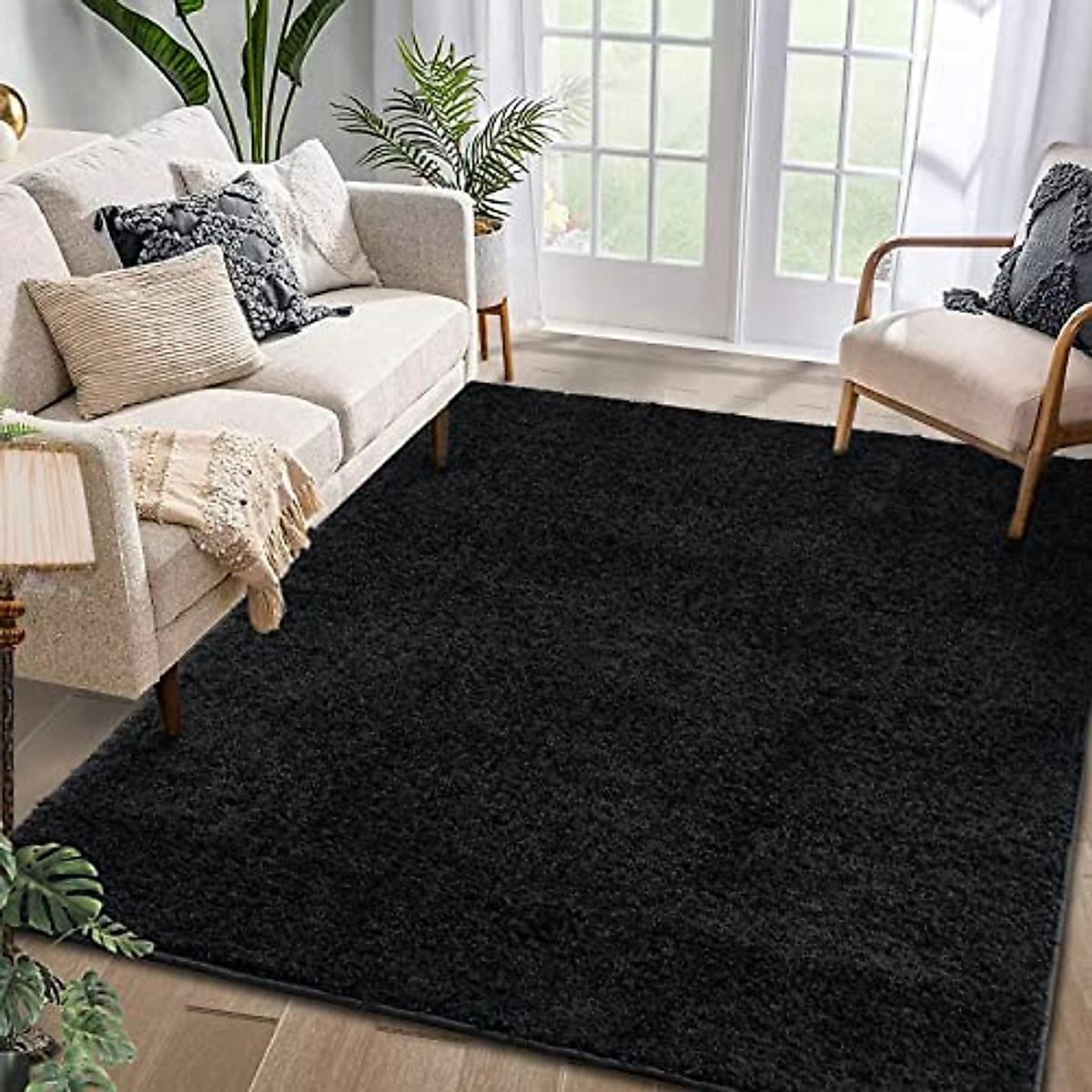 JOLENE.K Black Shag Rugs for Bedroom, 8x10 Ft, Luxurious Soft Thick Fluffy Kitchen Mat, Non Slip Floor Carpet for Living Room Dining Room, Indoor Modern Home Decor Shag Rug Nursery Accent Rug Carpets