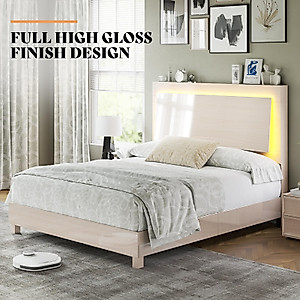 AMERLIFE Queen Size Beds Frame with Smart RGBW LED Lights, High Gloss Wooden Platform Bed Frame with Floating Ergonomic Headboard, Slats Support/Noise Free/No Box Spring Needed, White Woodgrain