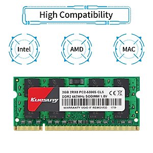 4GB Kit (2GBX2) DDR2 667 sodimm RAM, Kuesuny PC2-5300 / PC2-5300S CL5 200-Pin Non-ECC Unbuffered Notebook Laptop Memory Modules