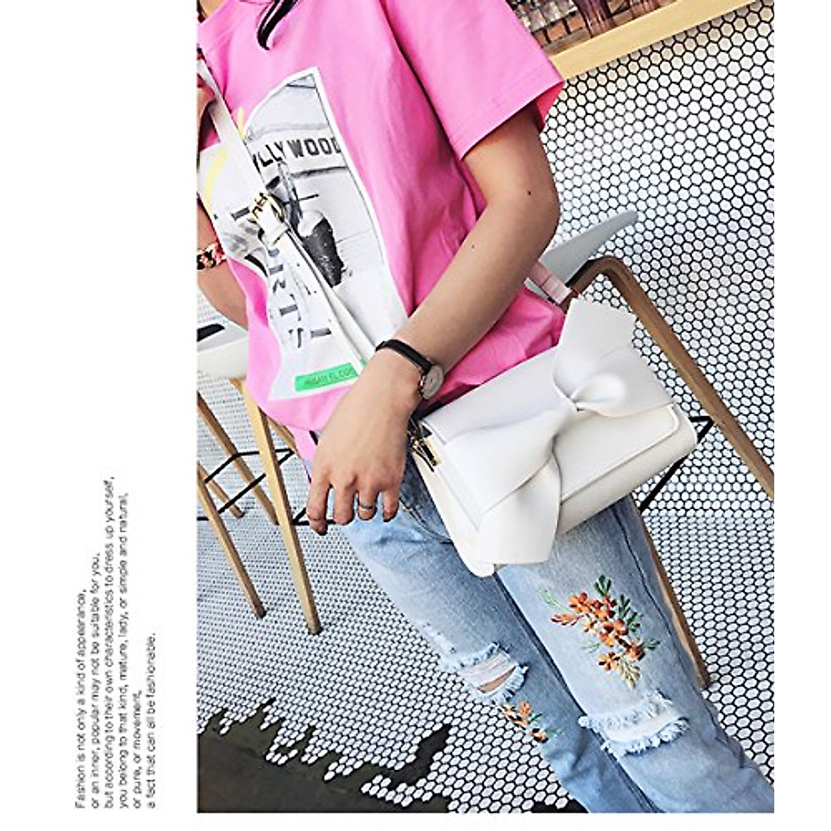 Haolong Lady Bowknot White Faux Leather Messenger Satchel Tote Purse Shoulder bag