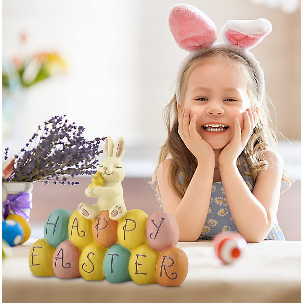 Easter Bunny Figurine Decorations - Hand Painted Sping Rabbit Statue Ornament - Easter Animal Tabletopper Accessories Sculpture for Party,Garden,Home Decorations,4.8 Inch,Polyresin