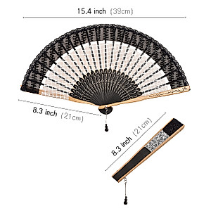 Women Lace Folding Fan Vintage Embroidery Flower Japanese Elegant Wooden Hand Fan for Wedding Party Gift (Black)