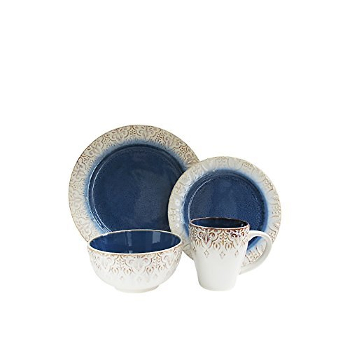 American Atelier Round Dinnerware Sets | Blue Kitchen Plates, Bowls, and Mugs | 16 Piece High Quality Stoneware Granada Collection | Dishwasher & Microwave Safe | Service for 4