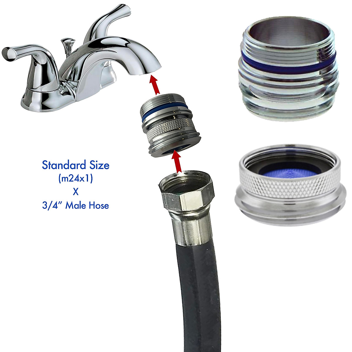 Neoperl Cache to Hose Faucet Adapter - Convert Hidden Aerator to Take 3/4" Male for Kitchen Appliances - Solid Brass, Chrome Plated