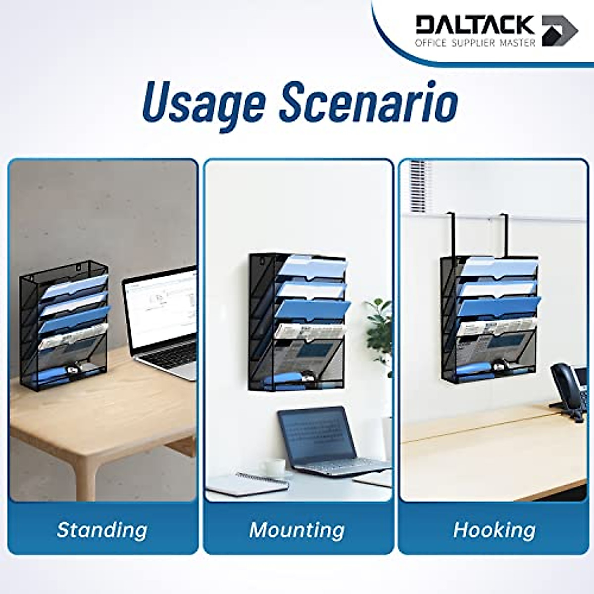 DALTACK Wall File Holder 6 Tier Hanging Wall File Organizer with Hooks, for Papers Mails Folders Clipboard Magazine Organization, for Office Home, Mesh Metal, Black