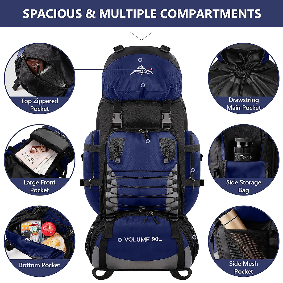Unineovo 90L Hiking Backpack, Waterproof Camping Bag with Rain Cover, Lightweight Backpacking Back Pack - No Frame (Blue)