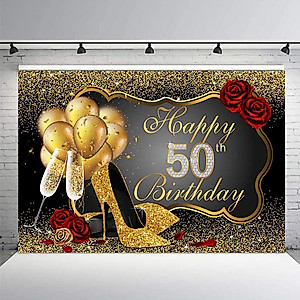 MEHOFOTO Photo Background Shining Sequin Black Gold High Heels Champagne Woman Red Rose Balloons 50th Happy Birthday Party Banner Backdrops for Photography 8x6ft