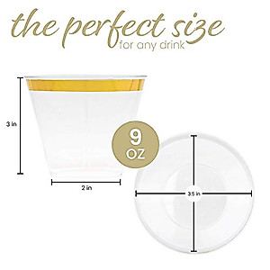 PLASTICPRO 9 oz Disposable Plastic Party Cups,Old fashioned Designed Tumblers, With gold Rim 100 Count, Crystal Clear
