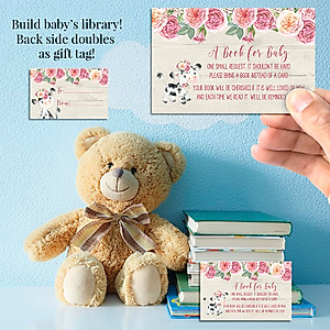 Amanda Creation Watercolor Pink Floral Cow “Bring a Book” Cards for Baby Showers, 20 2.5 by 4 Inch Double Sided Insert Cards, Invite Guests to Bring a Book for the Baby
