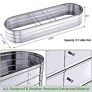 Ohuhu Raised Garden Bed w/Safety Edging, 5.7x1.7x1 FT Galvanized Metal Planter Box, Outdoor Plant Beds Planting Boxes for Vegetable Flower Herbs, Above Ground Elevated Large Oval Gardening Planters