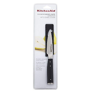KitchenAid Gourmet Forged Triple Rivet Serrated Paring Knife with Custom-Fit Blade Cover, 3.5-inch, Sharp Kitchen Knife, High-Carbon Japanese Stainless Steel Blade, Black