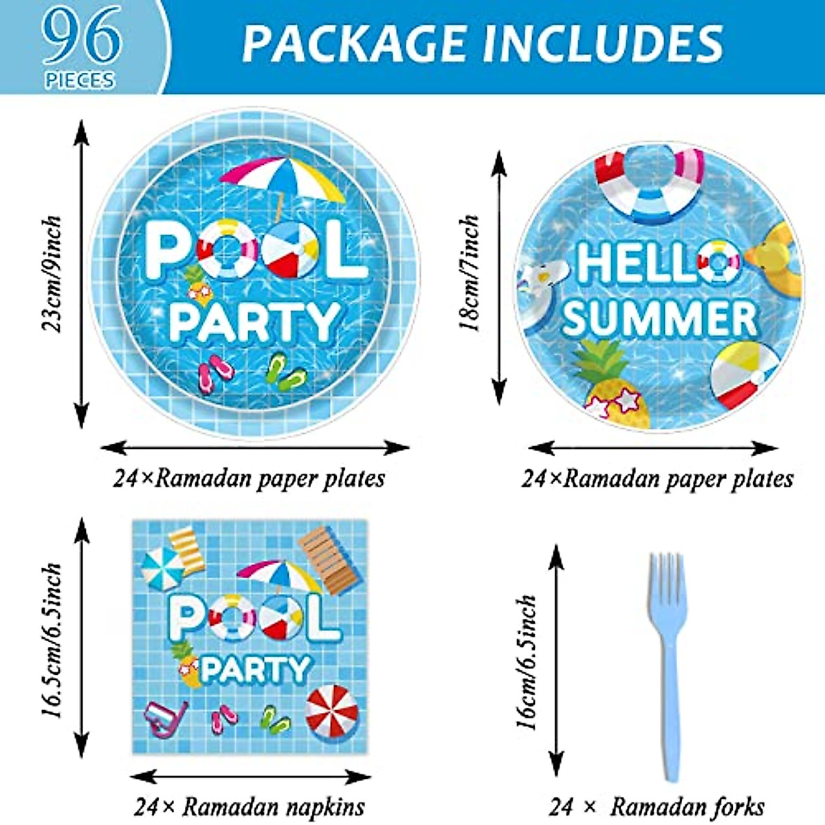 96 Pieces Pool Party Tableware Set for Summer Beach Table Decorations Supplies Beach Ball Birthday Dessert Plates Summer Pool Party Napkins Forks for 24 Guests Hawaiian Pool Birthday Party Favors