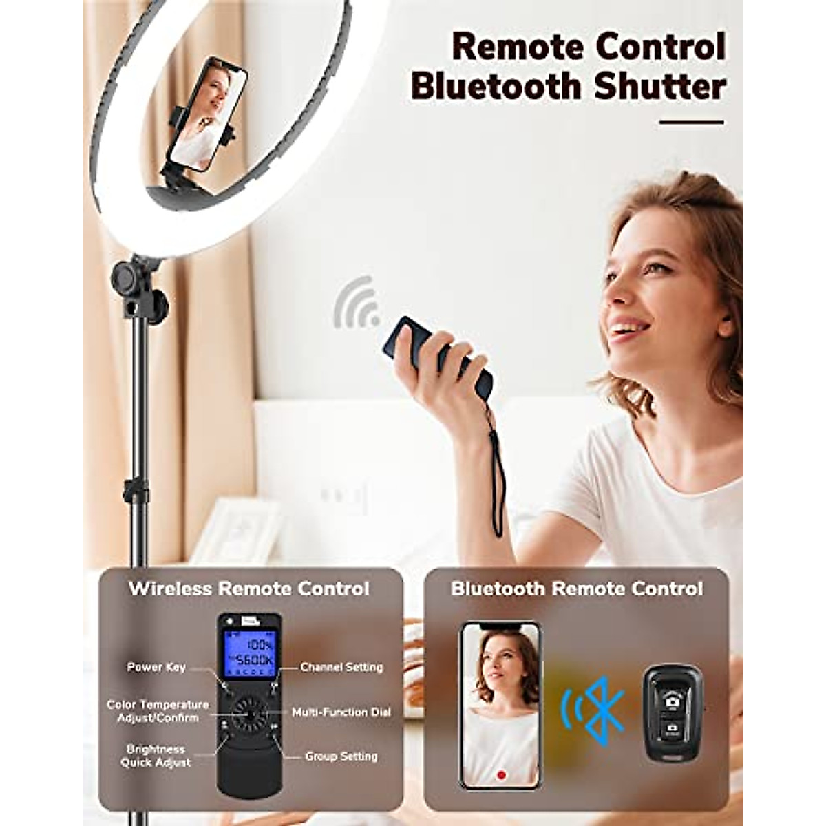 Pixel 18" Ring Light with Stand and Wireless Remote, Light Ring with iPad Holder/Phone Holder/Selfie Remote/Carrying Bag, 60W 3000-5800K CRI≥97 Circle Light for YouTube, TikTok, Self-Portrait