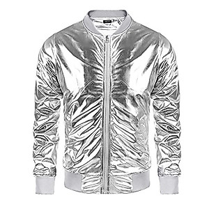 Coofandy Mens Metallic Nightclub Varsity Jacket Shiny Button Zip-up Baseball Bomber For Party,Disco,Dance,Silver,Medium