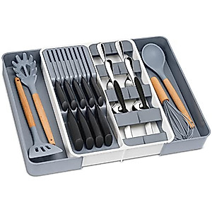 Kitchen Drawer Organizer, Silverware Organizer w/ Knife Block, Expandable Utensil Organizer and Cutlery Tray for Drawers, Large Silverware Tray for Kitchen Utensils Flatware Knives Storage & Organize