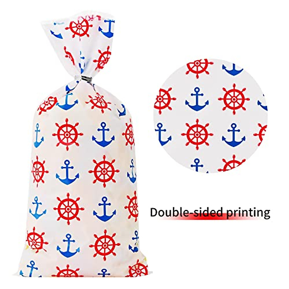 Lecpeting 100 Pcs Nautical Treat Bags Anchors Wheel Print Cellophane Candy Bags Plastic Goodie Storage Bags Nautical Party Favor Bags with Twist Ties for Nautical Theme Birthday Party Supplies