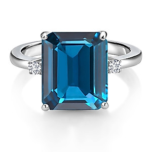 Gem Stone King 7.58 Cttw 12X10MM London Blue Topaz and 2MM White Lab Grown Diamond 3 Stone Engagement Ring For Women In 925 Sterling Silver | Gemstone Birthstone | Size 5,6,7,8,9