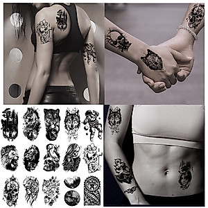 72 Sheets Half Sleeve Temporary Tattoos for Men Women Adults, Tiger Wolf Flower Skull Realistic Temporary Tattoo Stickers for Halloween, Black 3D Rose Animals Fake Tattoos